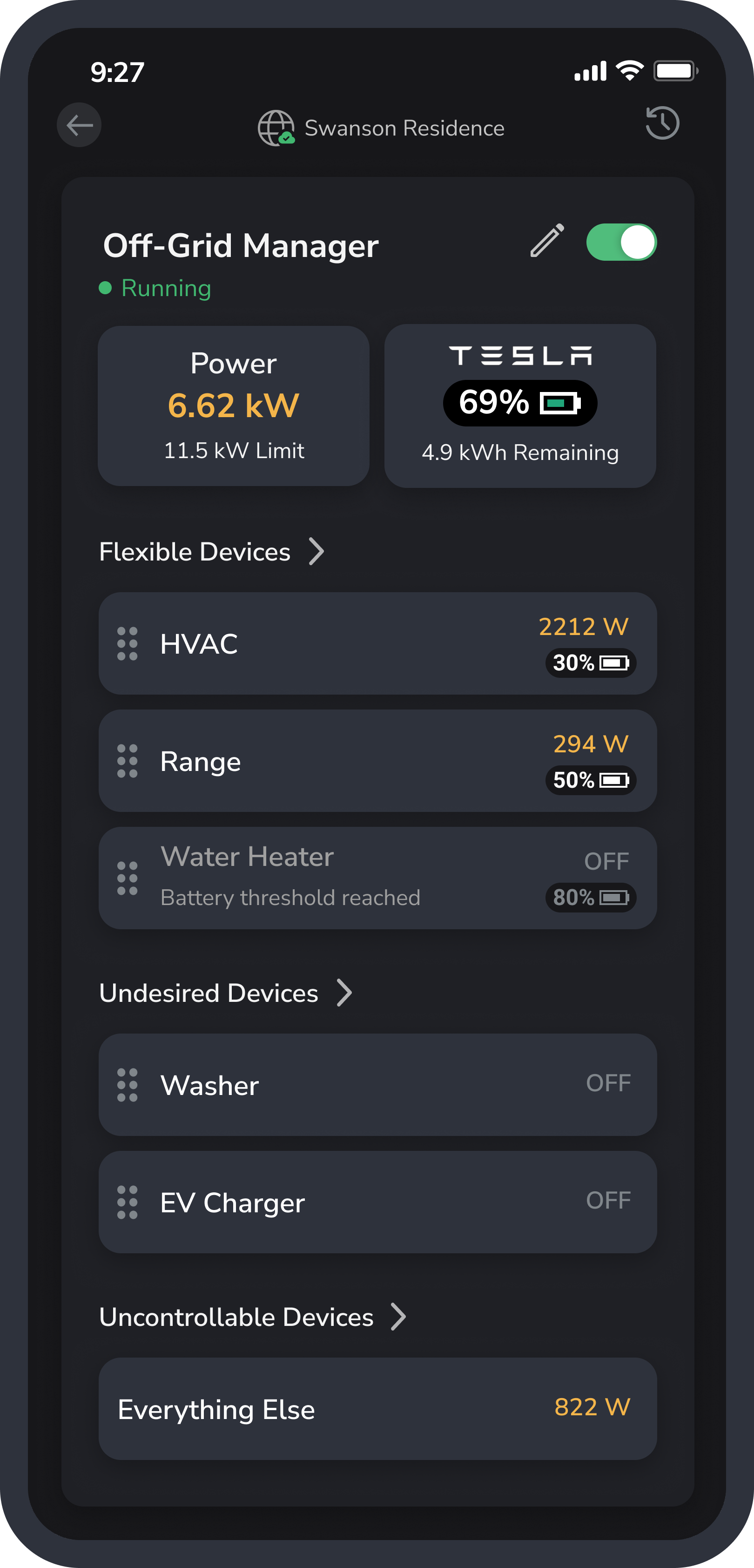 An image of the lumin energy app showing Off-Grid Manager